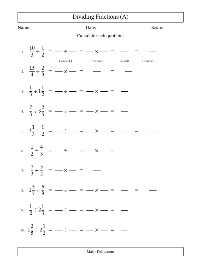 Dividing Fractions Practice Worksheet | PDF