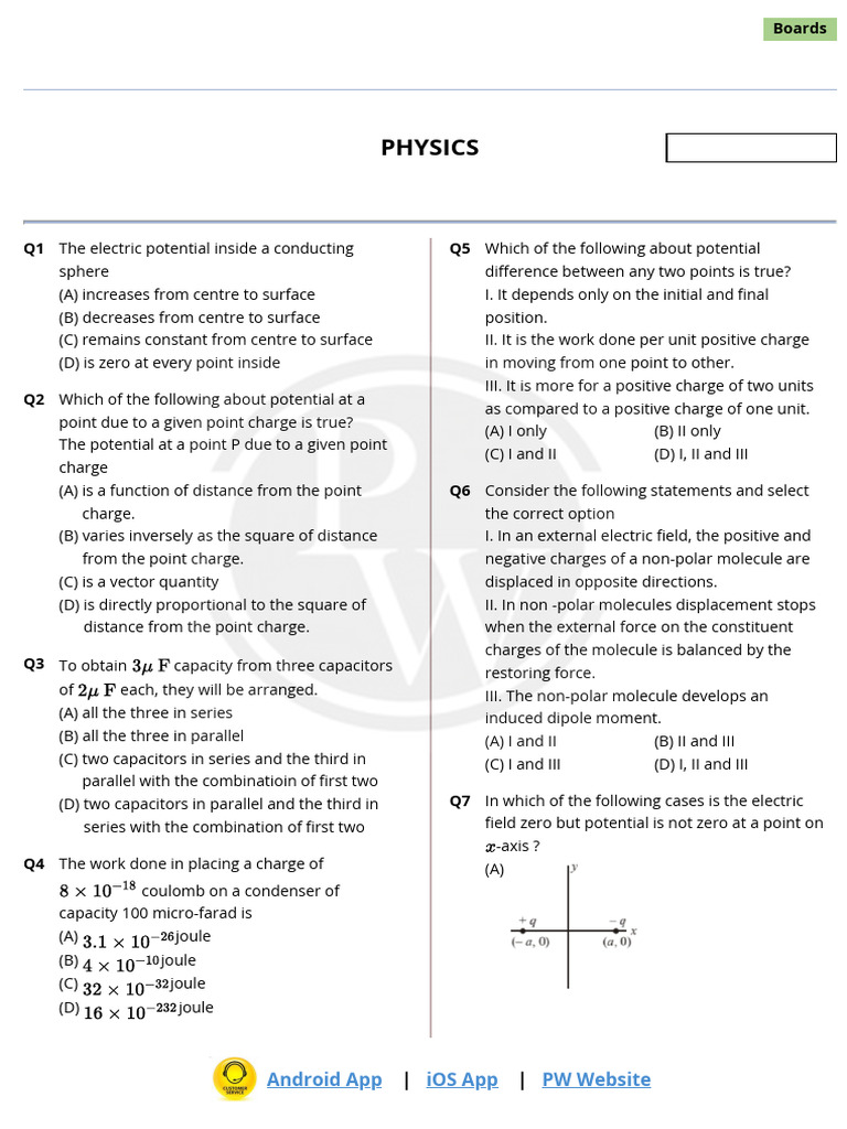 Electrostatic Potential and Capacitance Quiz | PDF | Capacitance ...