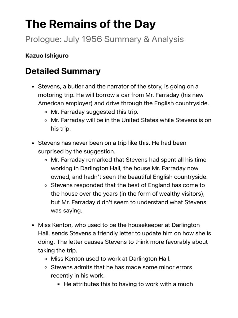 Prologue Summary of The Remains of the Day | PDF