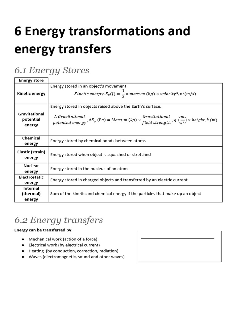 Energy Transformations And Transfers Notes Pdf Potential Energy