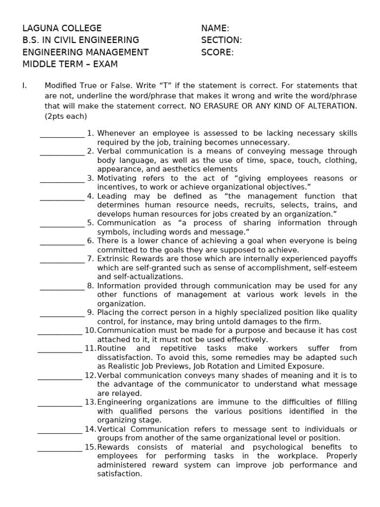 Engineering Management Midterm Exam With Answers | PDF | Motivational ...