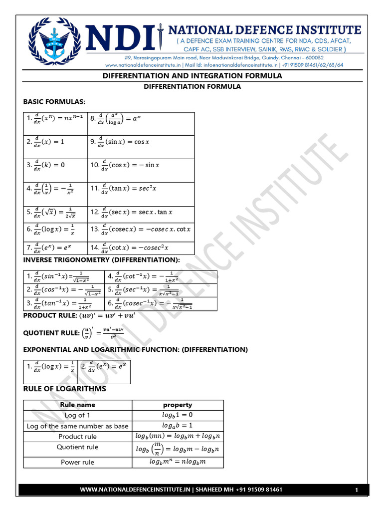 Differentiation and Integration Formula | PDF | Logarithm ...