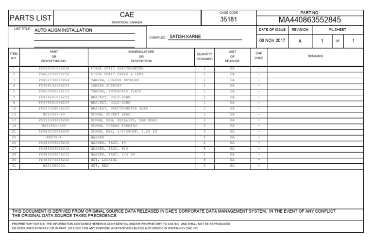 CAE Parts List for Auto Align Installation | PDF | Screw | Equipment