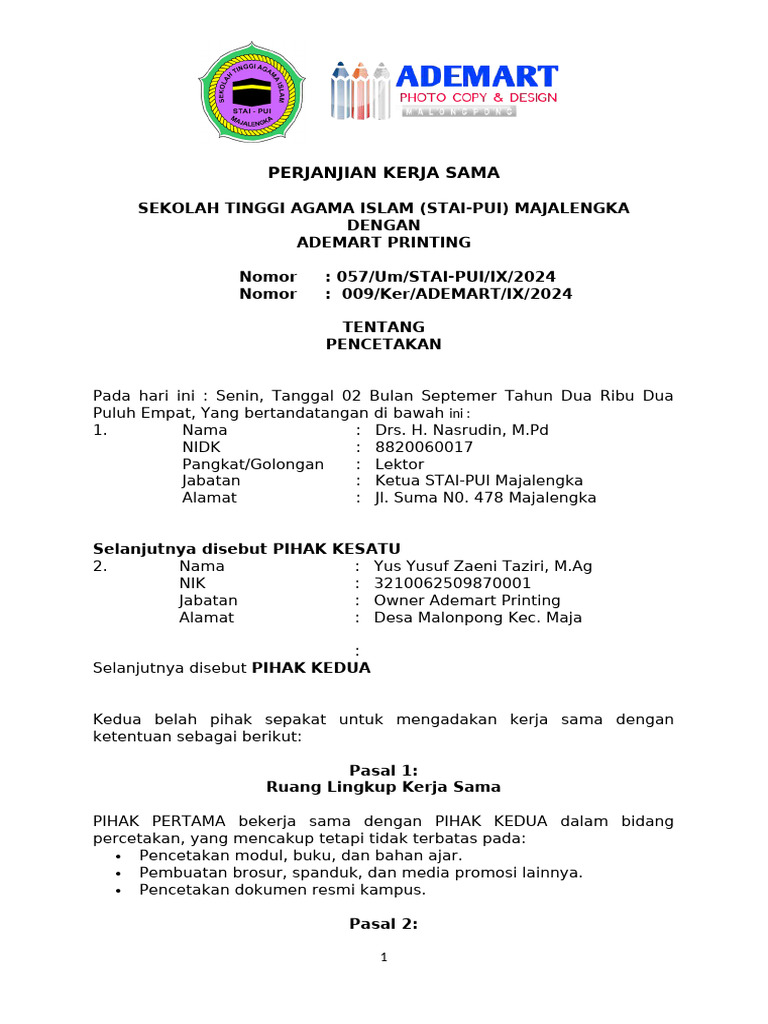 Contoh Draft Perjanjian Kerjasama | PDF