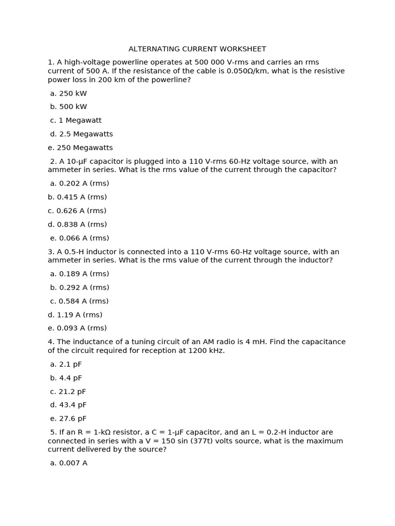 Alternating Current Worksheet | PDF | Inductor | Electrical Network