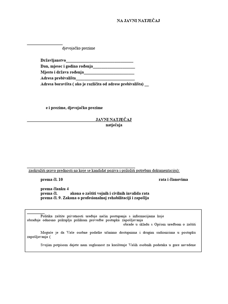 OBRAZAC Prijave Na JN | PDF