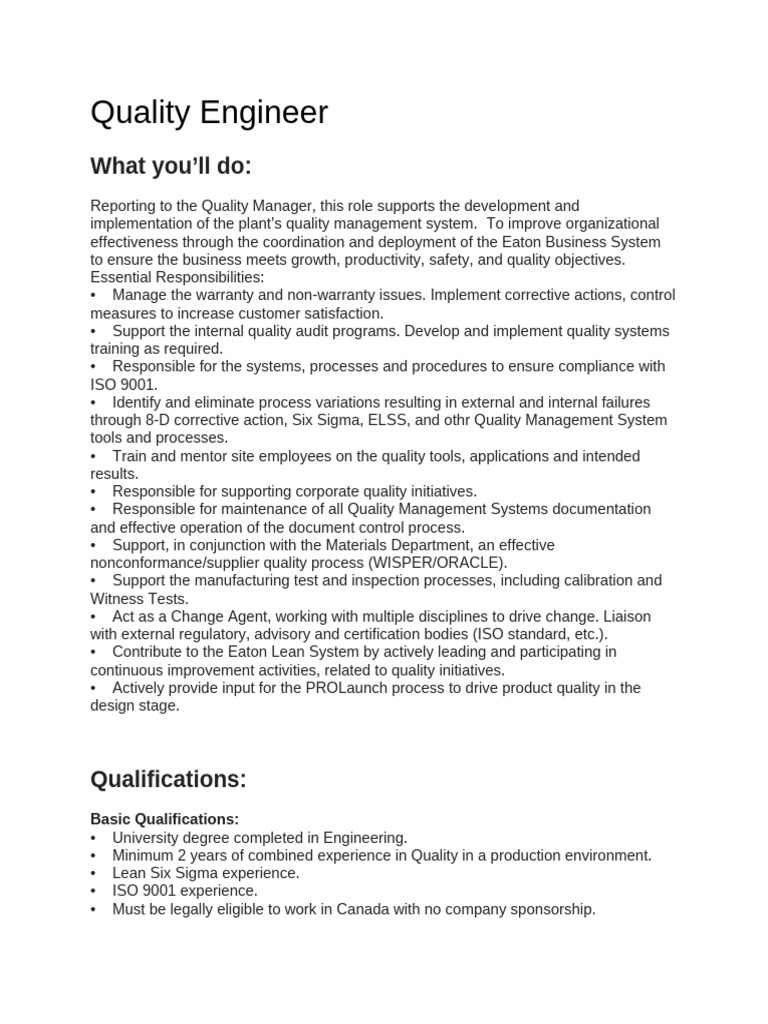 Quality Engineer Qualifications | PDF | Quality Management System ...