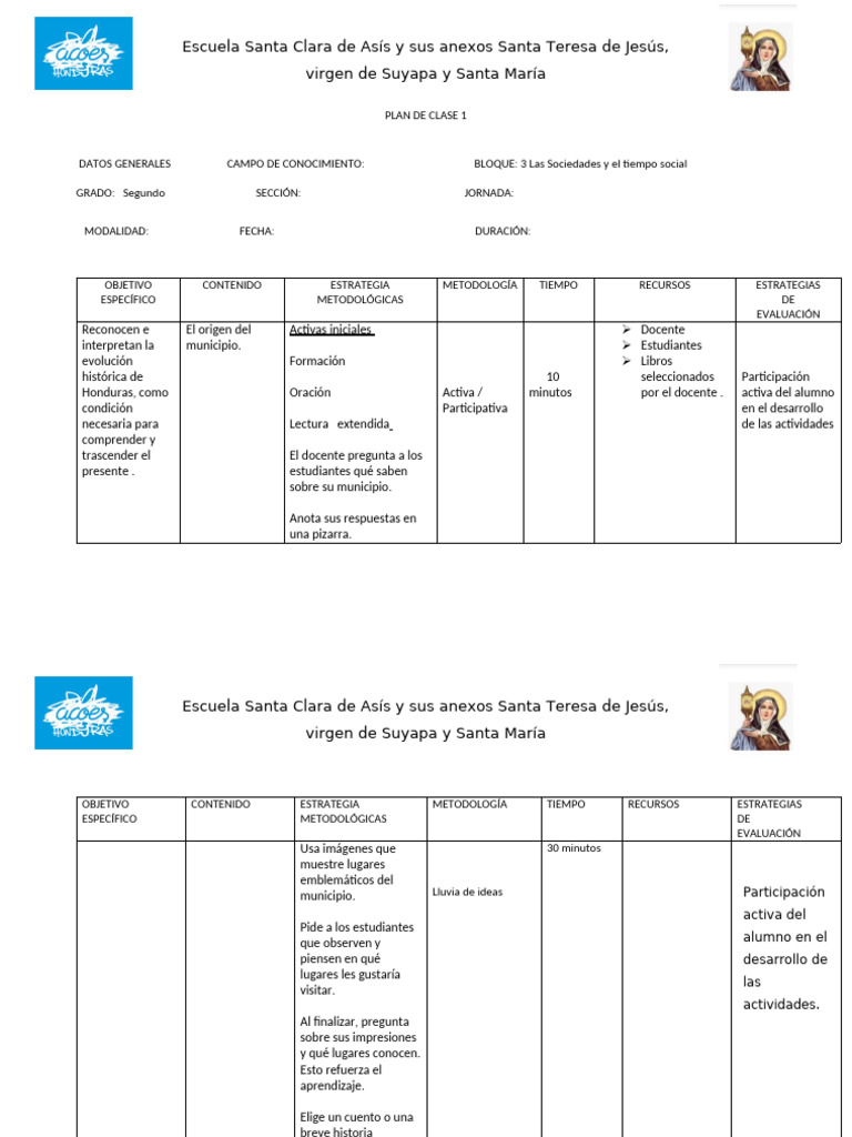 PLAN DE CLASE III Parcial Sociales | PDF | Maestros | María, madre de Jesús