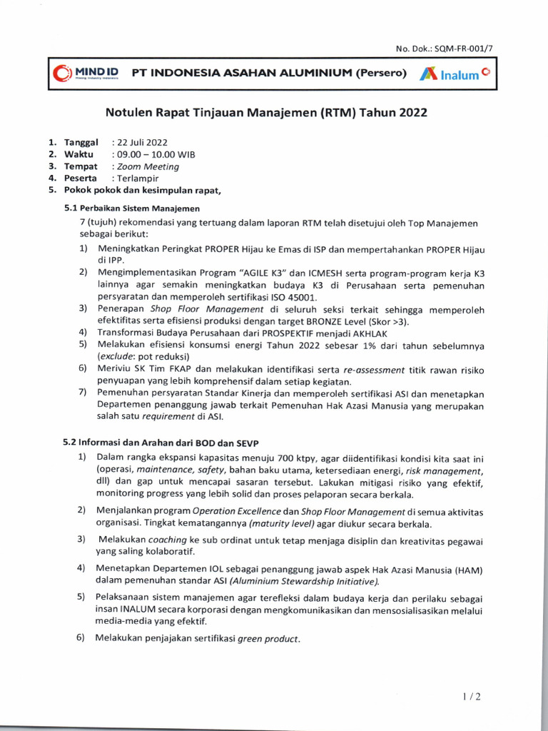 Rapat Tinjauan Manajemen (RTM) Tahun 2022 | PDF