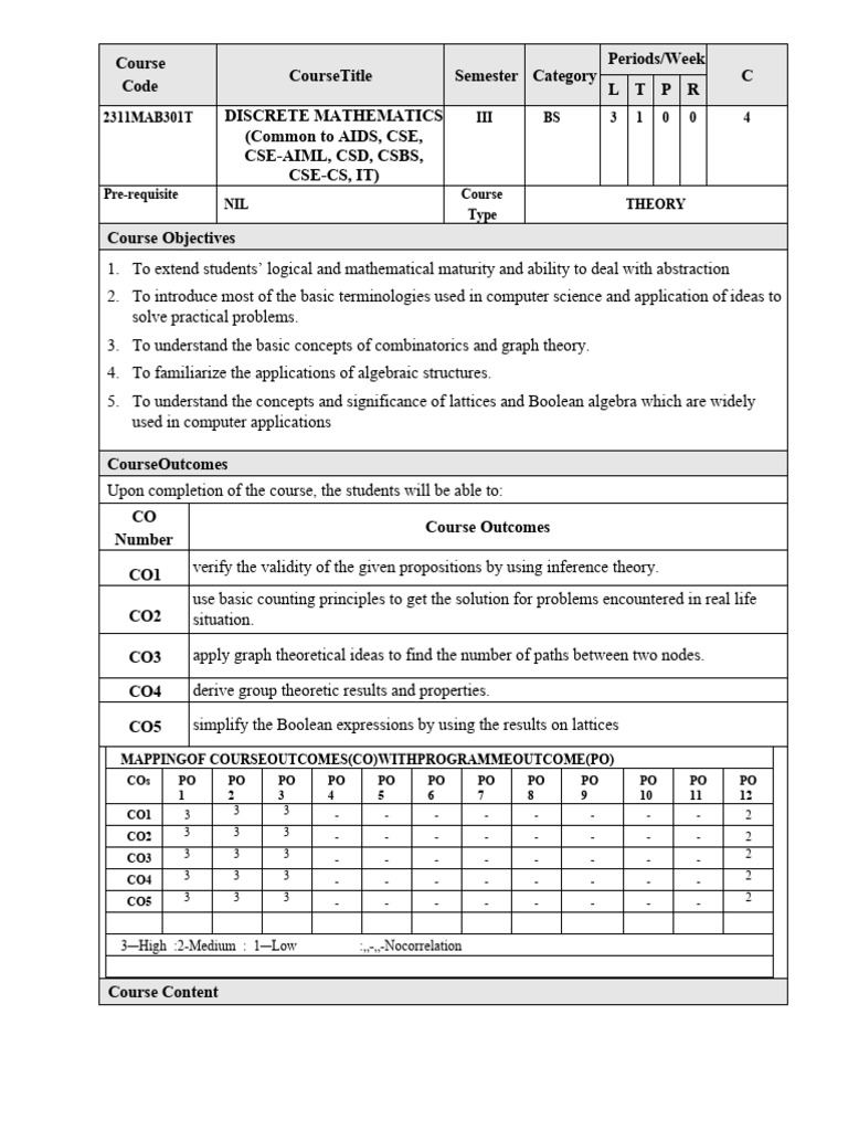 Discrete Mathematics Course Overview | PDF | Discrete Mathematics ...