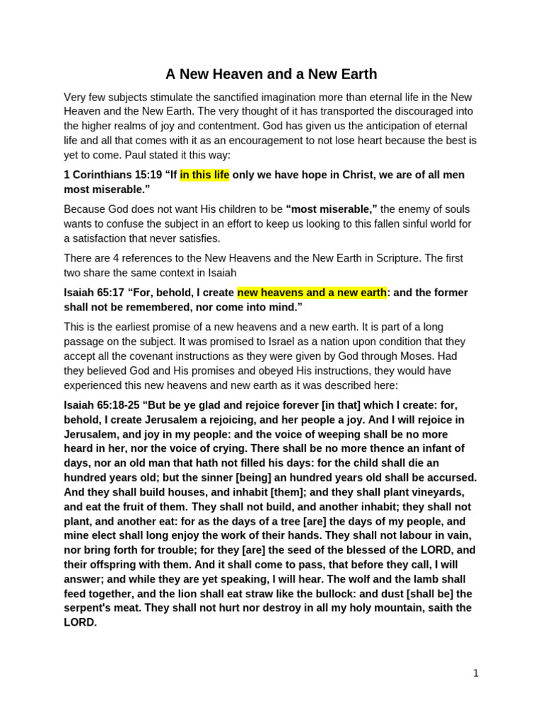 New Heaven and Earth: Biblical Promises | PDF | Christian Eschatology ...