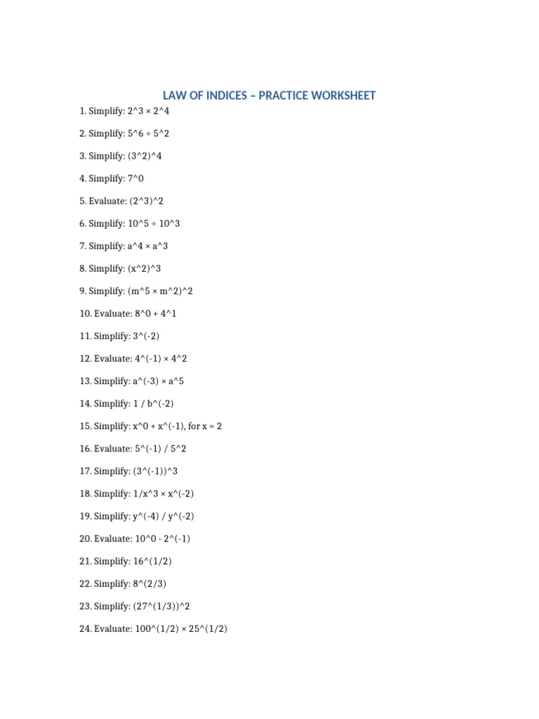 Law of Indices Worksheet | PDF