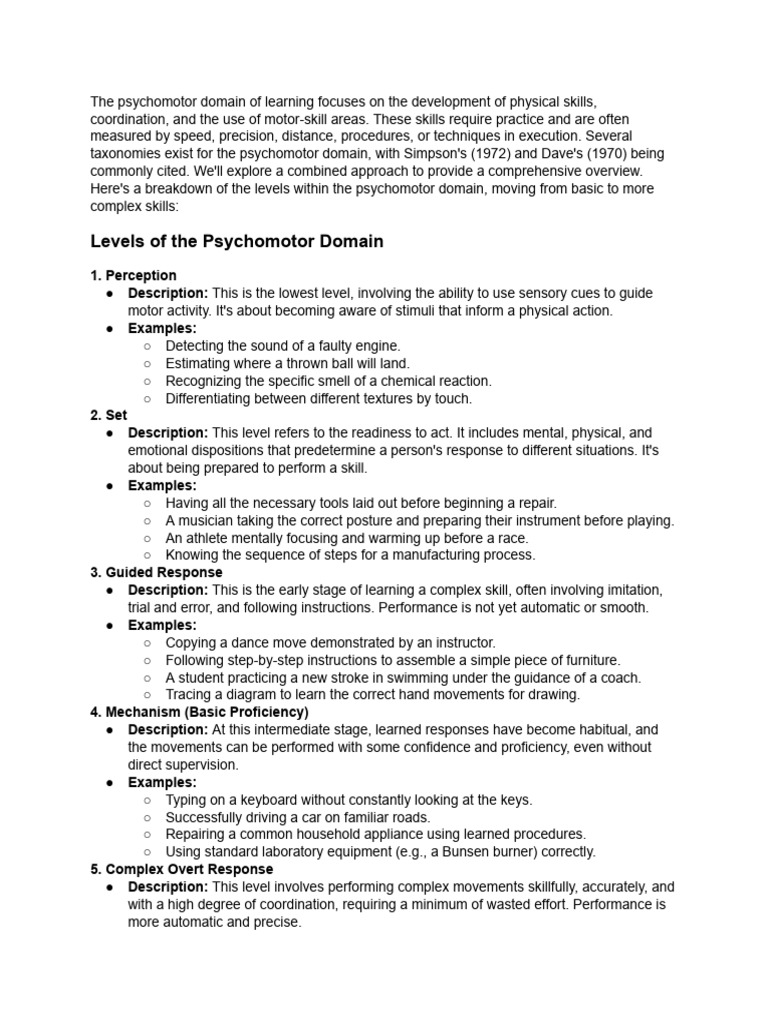 Overview of Psychomotor Domain Levels | PDF | Perception | Cognition