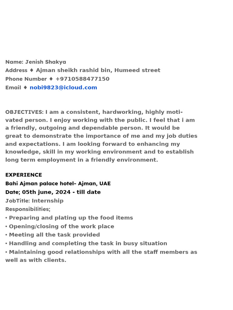 Jenish Shakya's Culinary CV | PDF