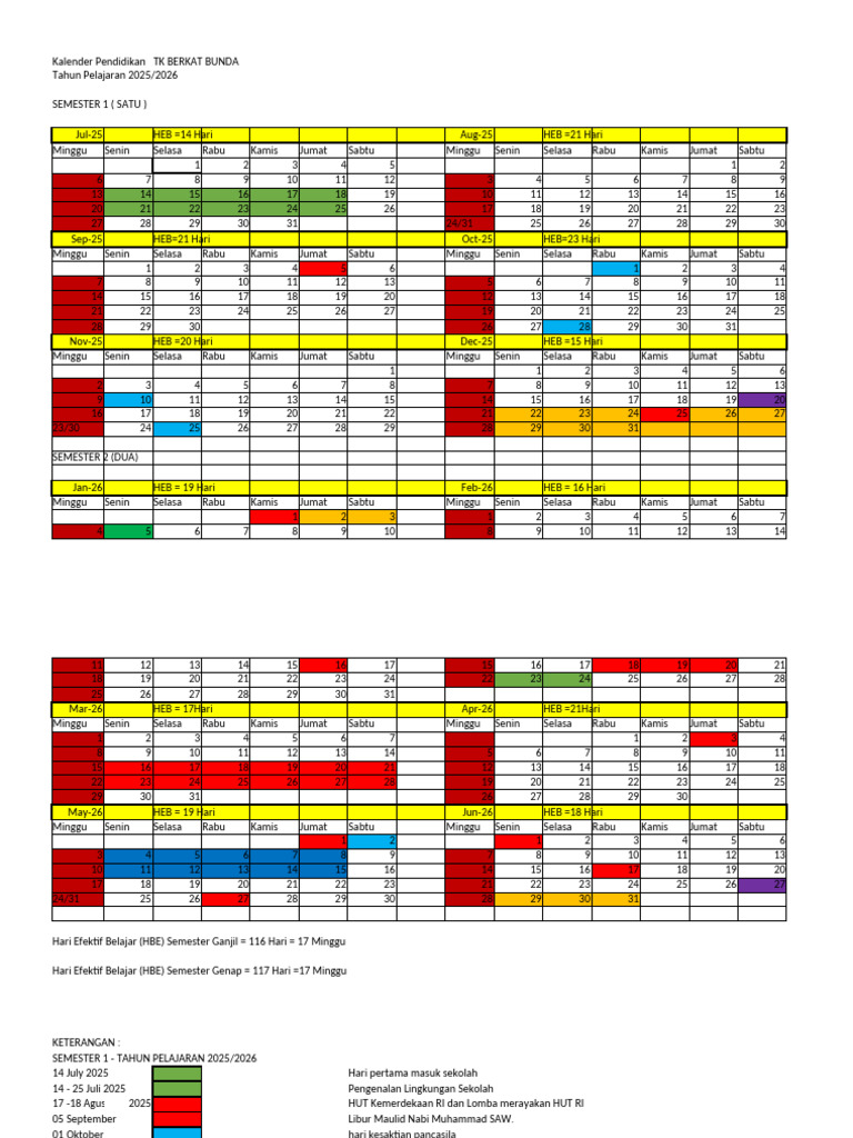 Kalender Pendidikan TK 2025/2026 | PDF