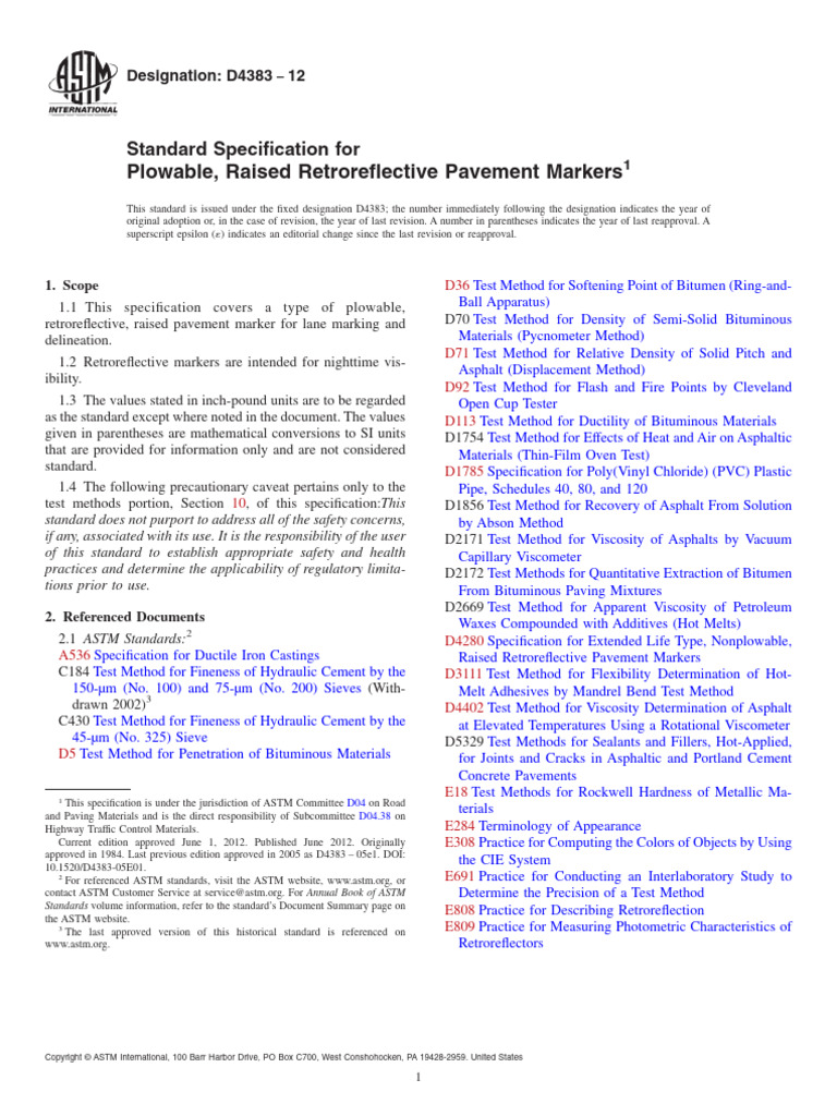 D4383-12 Standard Specification For Plowable, Raised Retroreflective ...