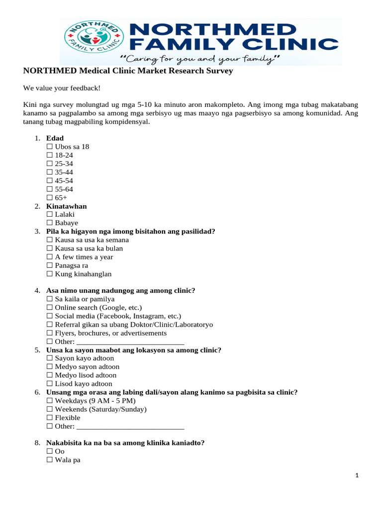 NORTHMED Medical Clinic Market Research Survey Bisaya Version | PDF