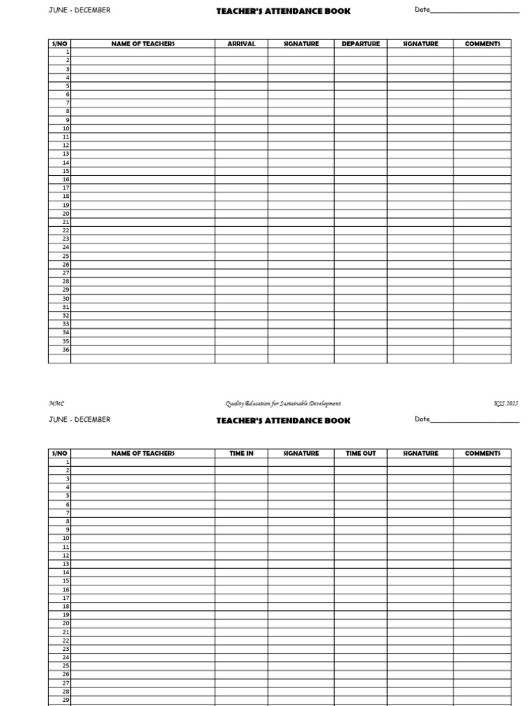 Teacher Attendance Log: June-Dec | PDF