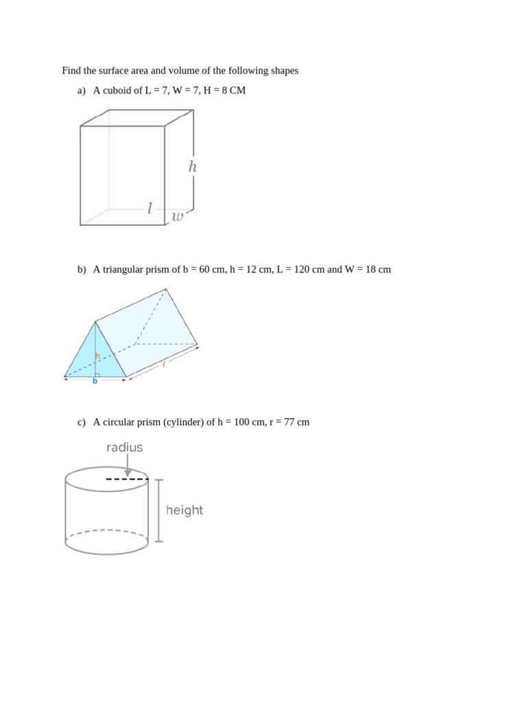 Find The Surface Area and Volume of The Following Shapes | PDF