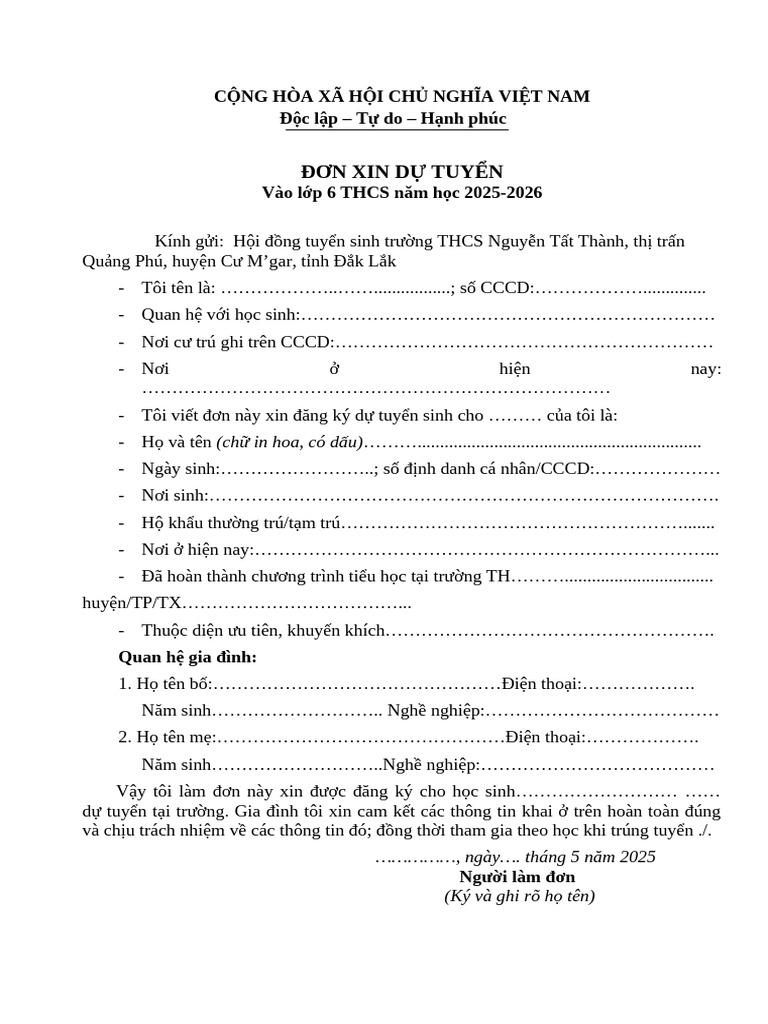 Don Xin Du Tuyen Vao Lop 6-25-26 NTT | PDF