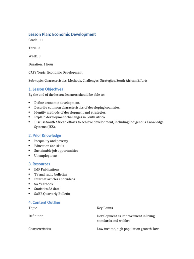 Economic Development Lesson Plan Grade 11 | PDF | Economic Development ...