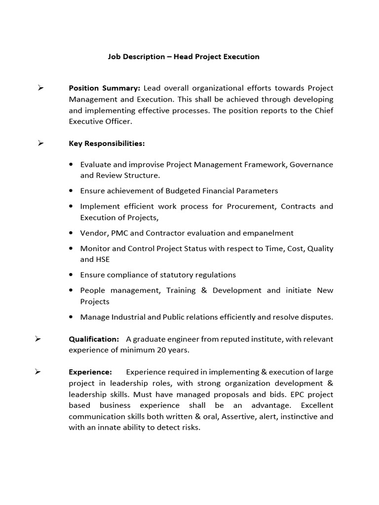 Head of Project Execution Role | PDF