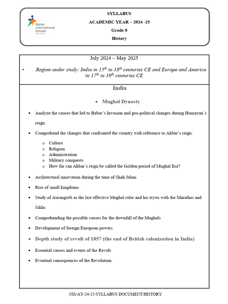 Grade 8 History - Syllabus 2024-25 | PDF | Mughal Empire