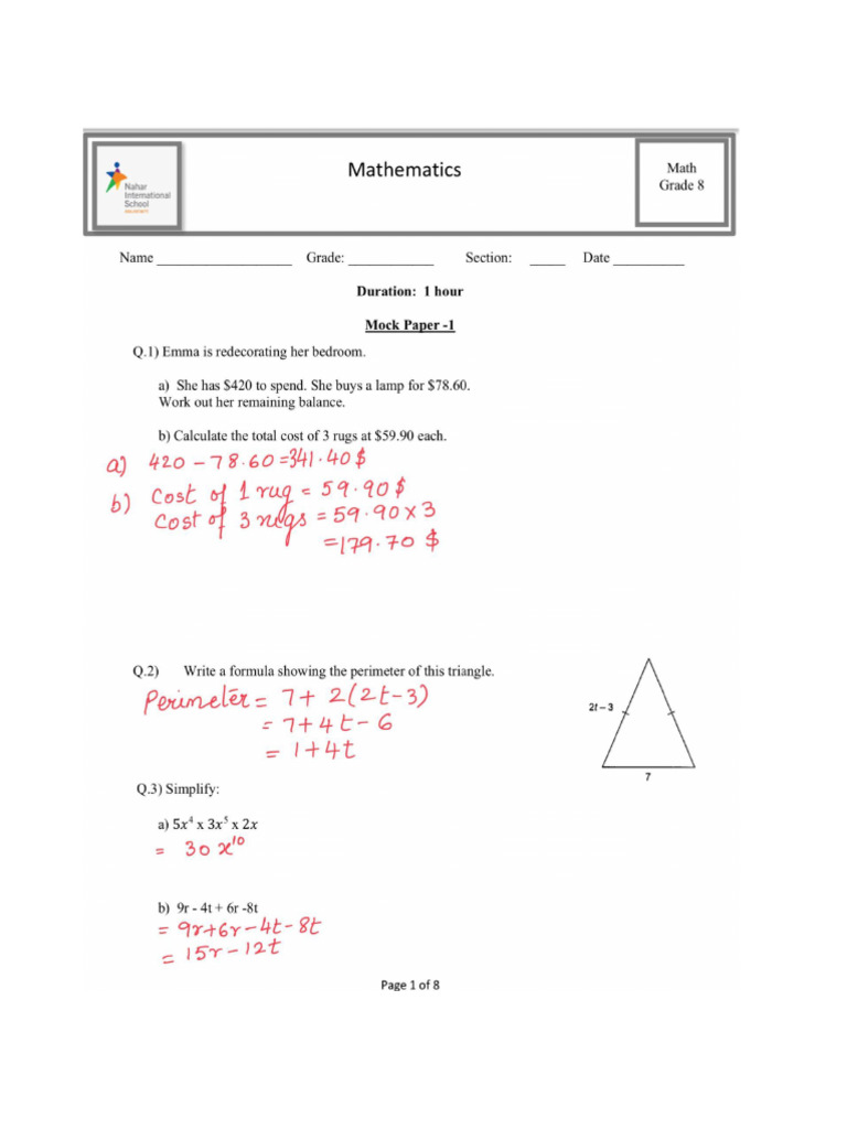 Grade8 Mock Paper-1 Progression-2 Answerkey 1 | PDF