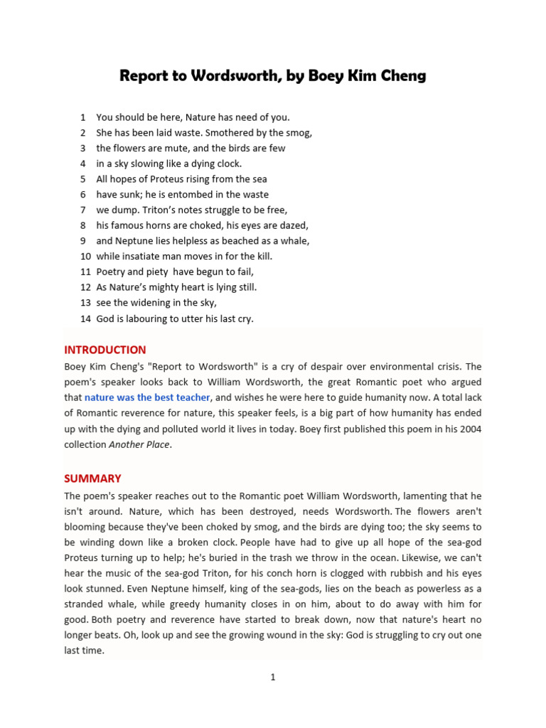 Boey Kim Cheng's "Report to Wordsworth" Analysis | PDF | Metre (Poetry ...