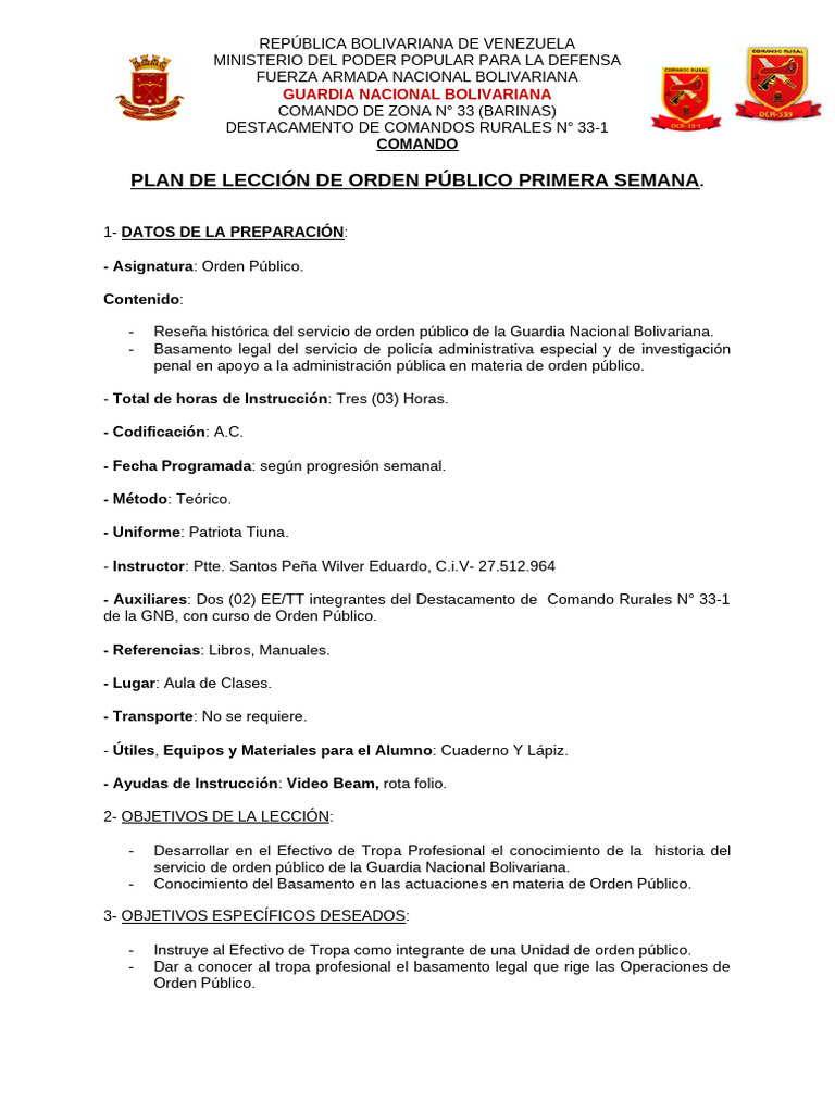 Plan de Lección de Orden Interno DCR 33-1 | PDF | Policía | Seguridad nacional