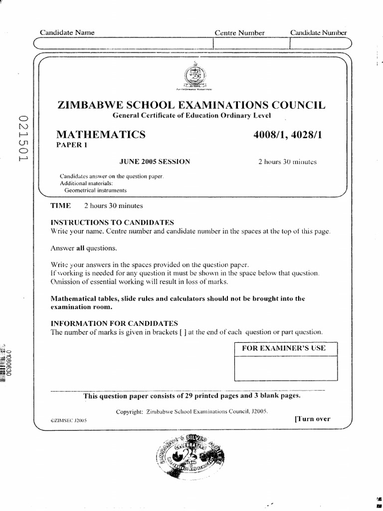 Zimsec June 2005 Maths Paper 1 | PDF