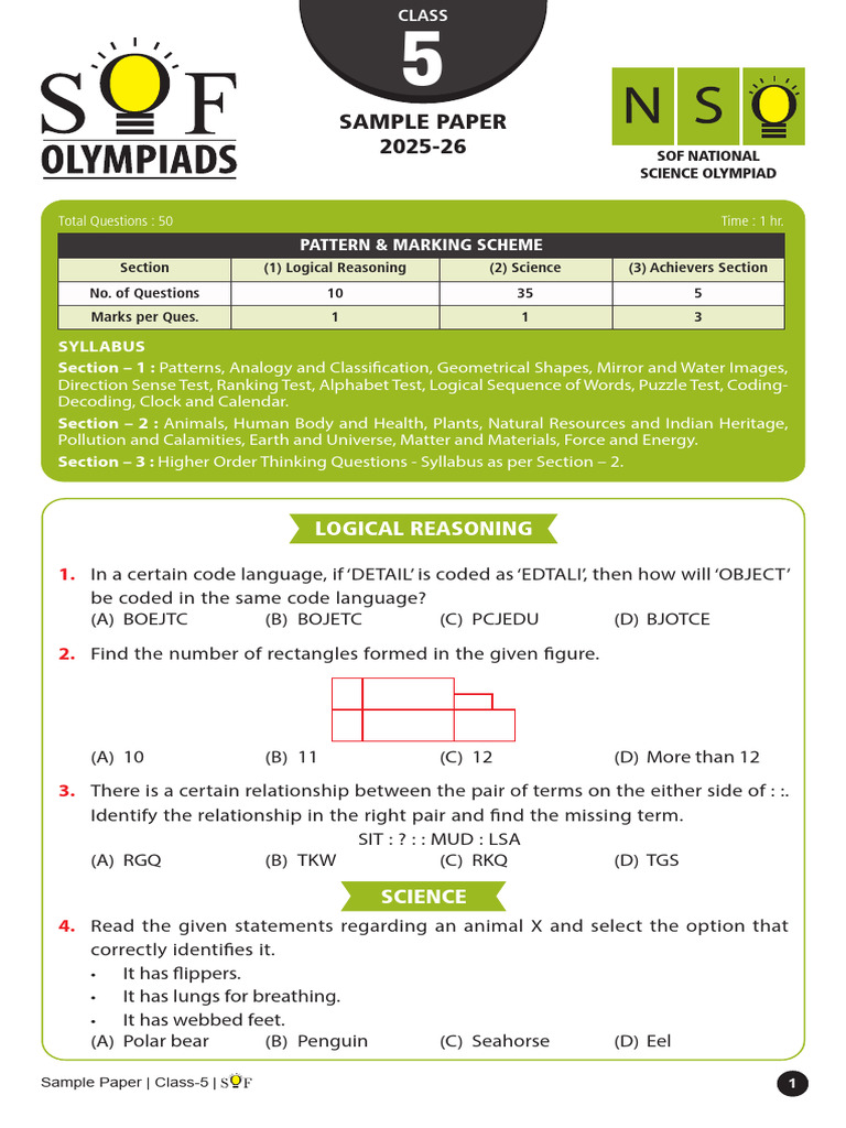 Nso Sample Paper Class-5 2025-26 | PDF