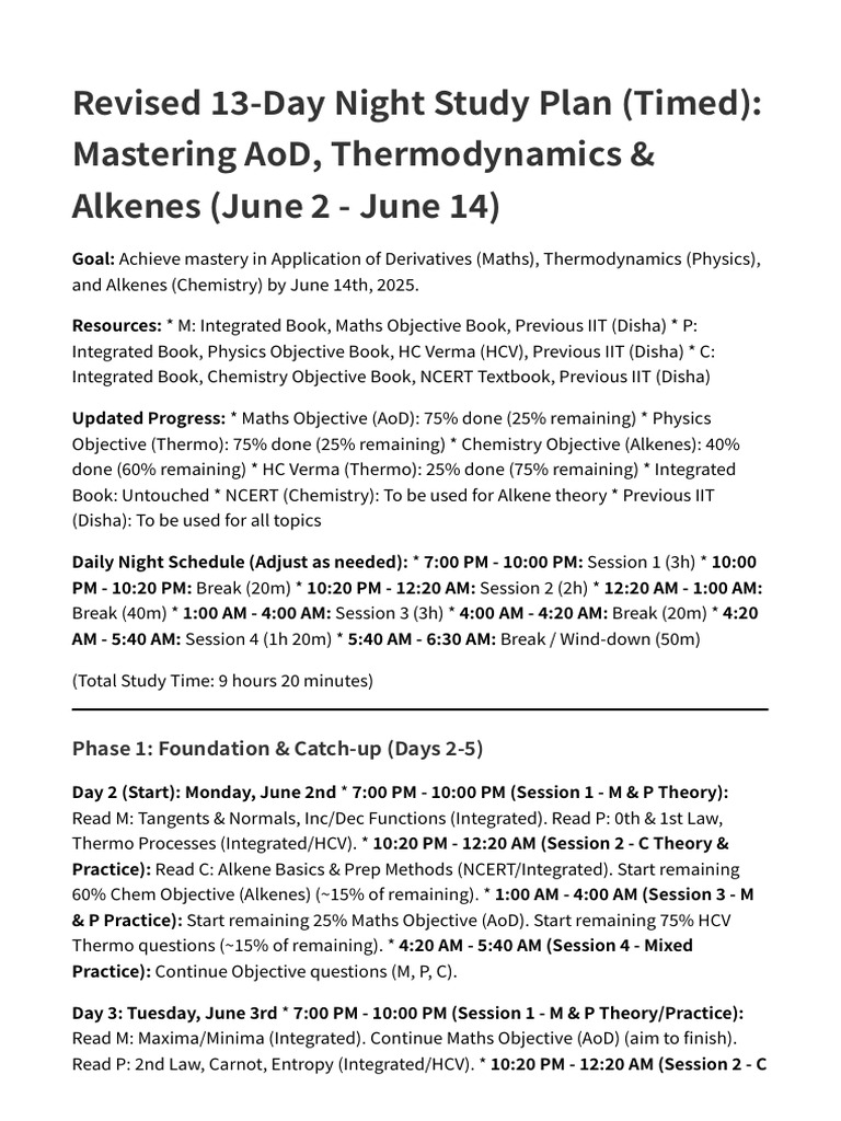 Revised 13-Day Night Study Plan (Timed) - Mastering AoD, Thermodynamics ...