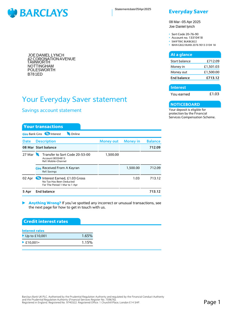 Barclays Bank Statement Example | PDF | Debit Card | Banks