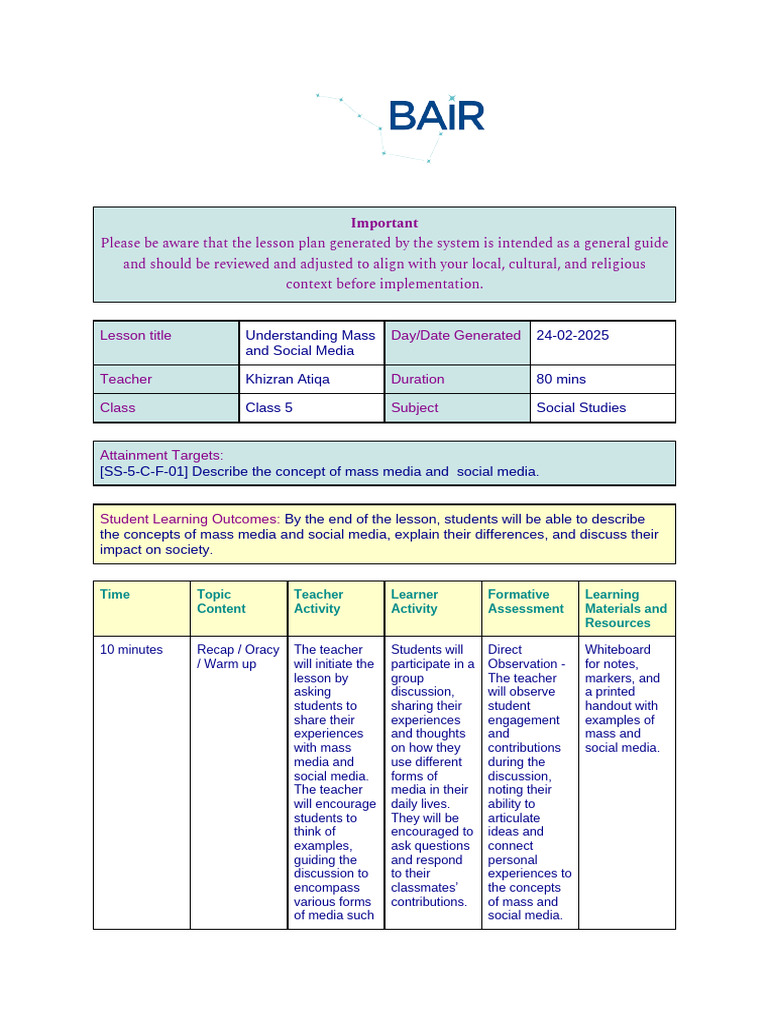 BAIR Lesson Plan - Social Studies - Masharti Uloom - Class 5 - 24-02 ...
