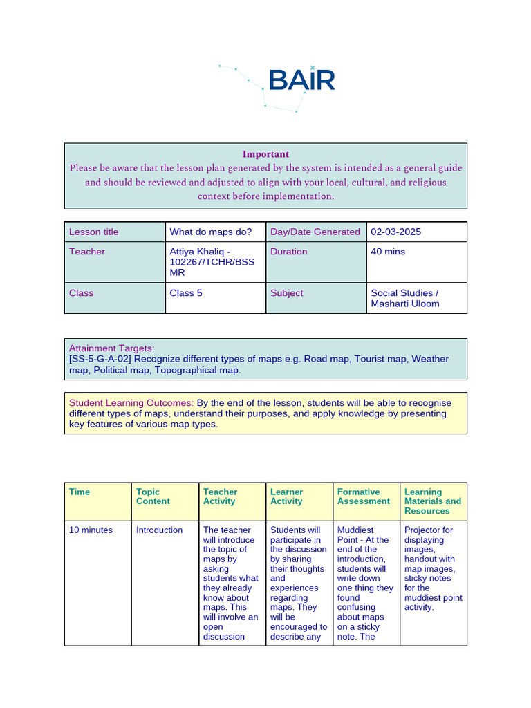 BAIR Lesson Plan - Social Studies - Masharti Uloom - Class 5 - 02-03 ...