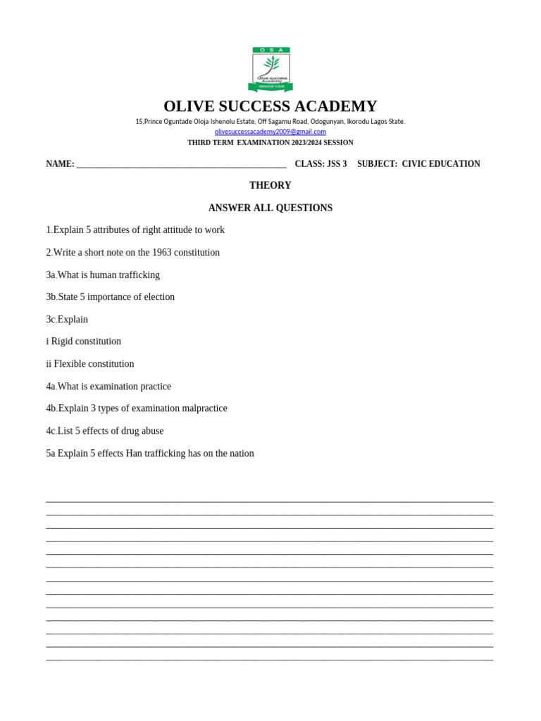 Civic Education jss3 Third Term Exam | PDF