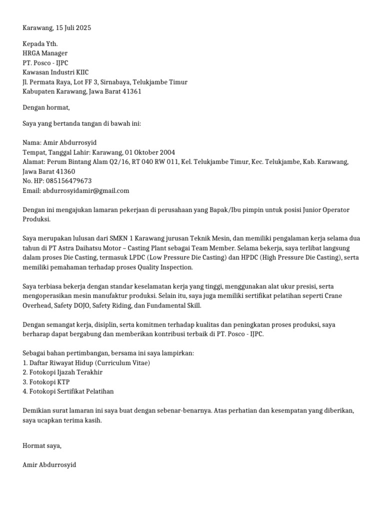 Surat Lamaran PT Posco IJPC Amir | PDF