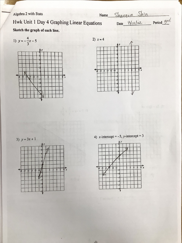 HWK Unit 1 Day 4 Graphing Linear Equations | PDF