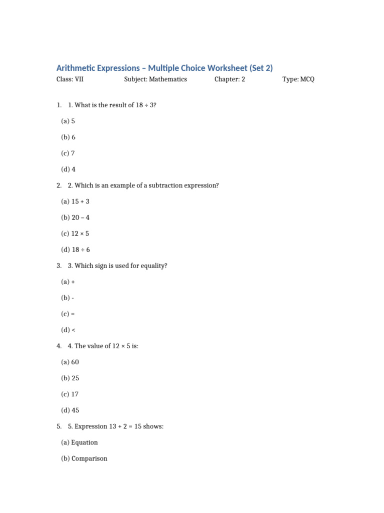 Class 7 Arithmetic Expressions MCQ | PDF | Arithmetic | Elementary ...
