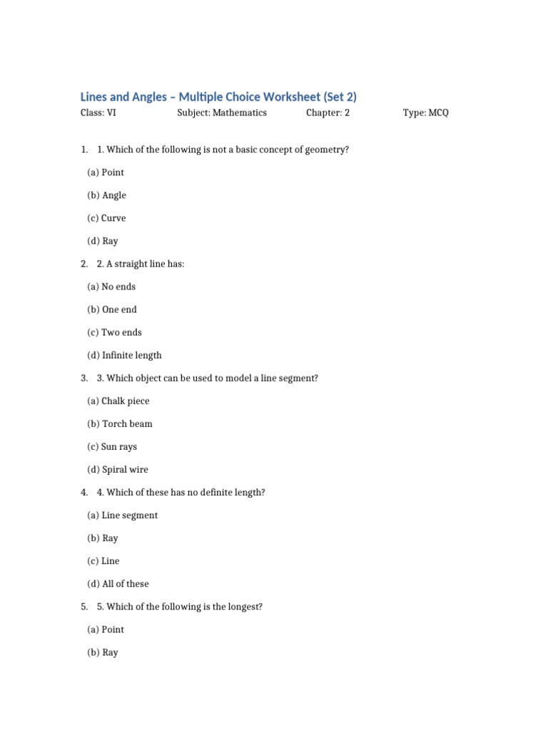 Lines and Angles Class 6 MCQ Worksheet Set 02 | PDF | Triangle | Angle