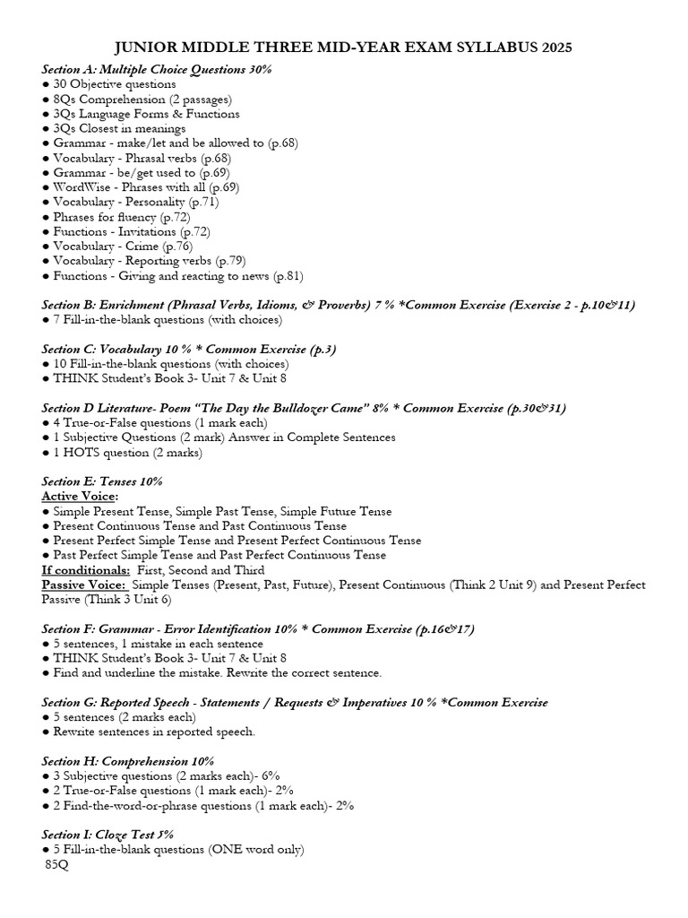 J3 Mid-Year Exam Syllabus 2025 (Revised) | PDF