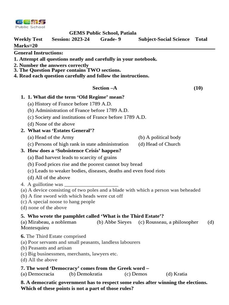 Grade 9 Social Science Weekly Test | PDF | Government
