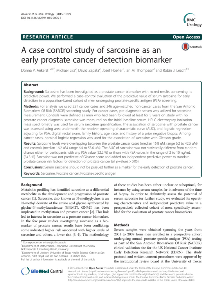 A Case Control Study of Sarcosine As An Early Prostate Cancer Detection ...