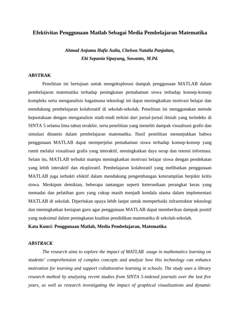Efektivitas Penggunaan Matlab Sebagai Media Pembelajaran Matematika | PDF