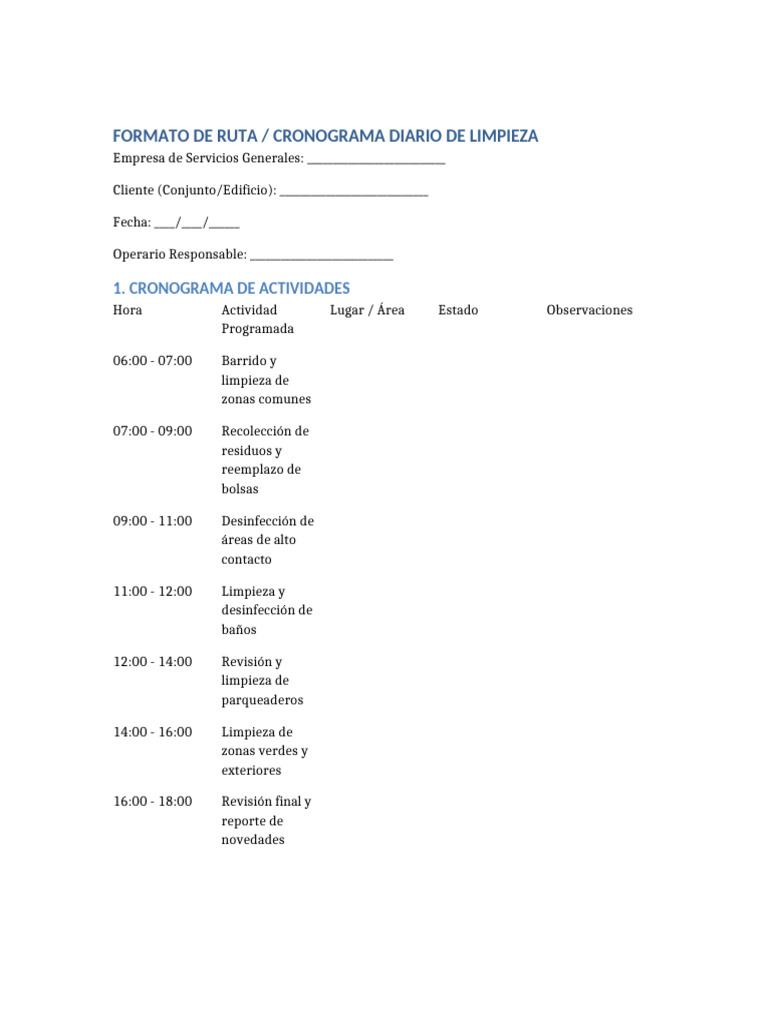 Cronograma Diario Limpieza | PDF