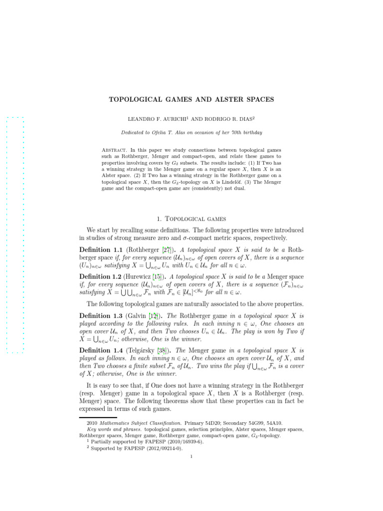 Topological Games and Alster Spaces | PDF | Measure (Mathematics ...