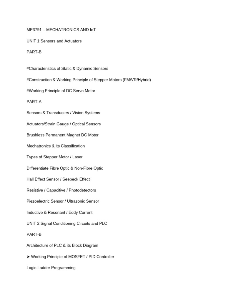 ME3791 - MECHATRONICS AND IoT | PDF | Embedded System | Mechatronics
