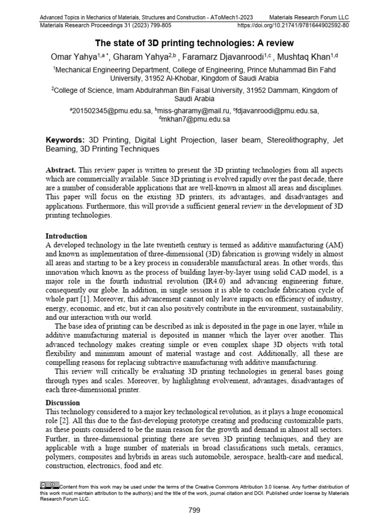 The State of 3D Printing Technologies A Review 2023 | PDF | 3 D ...