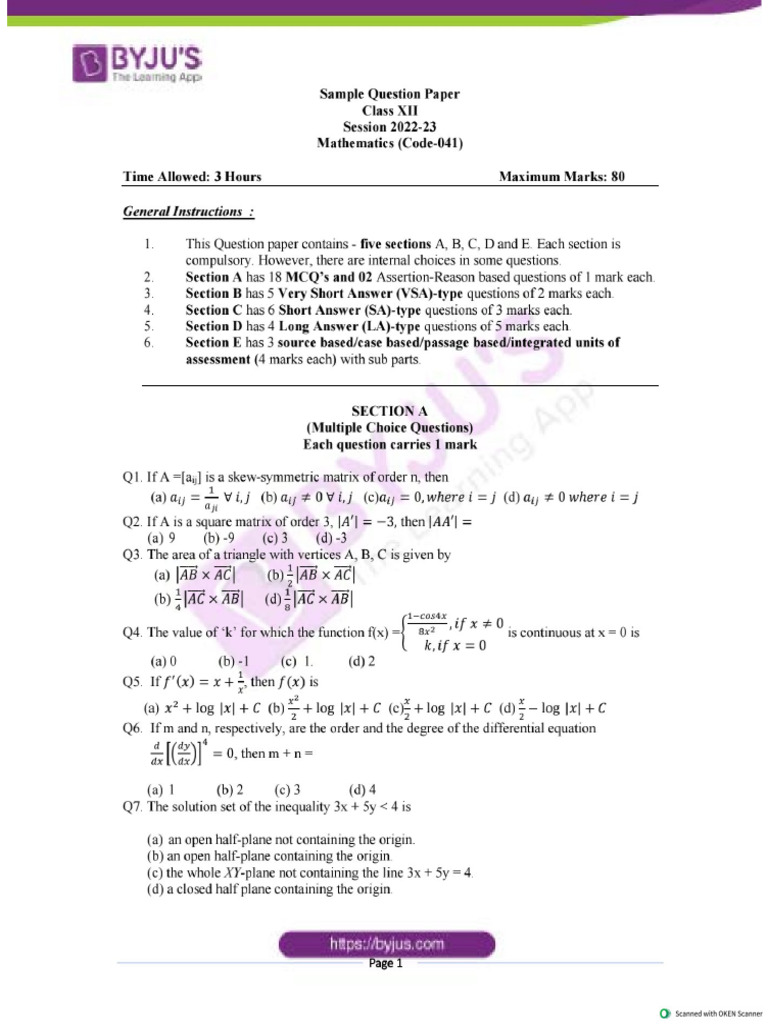 CBSE Class 12 Mathematics Sample Paper | PDF